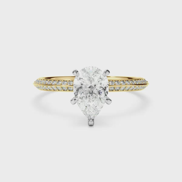 Pear Cut Diamond Knife Edge Engagement Ring With Diamond Pave Sides
